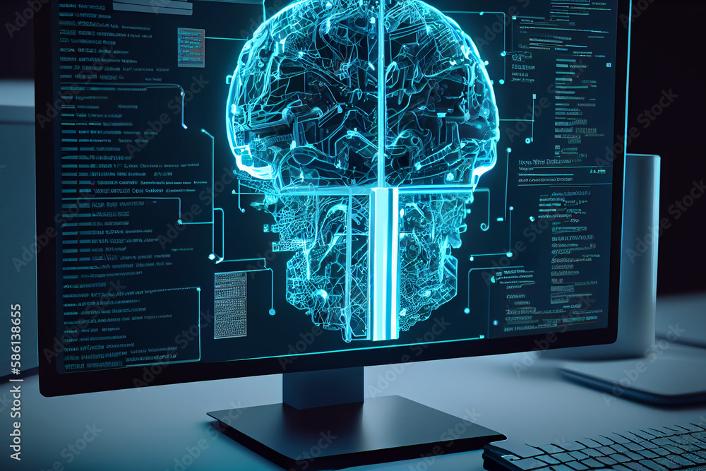 Three-dimensional model of the human brain on the monitor screen ...