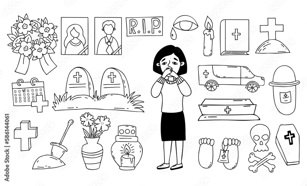 Vector doodles symbols death and funeral. unhappy woman, grave, cross ...