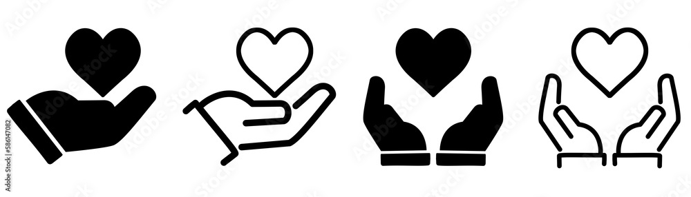 Care icons set on transparent background. Hand holding hearts showing ...