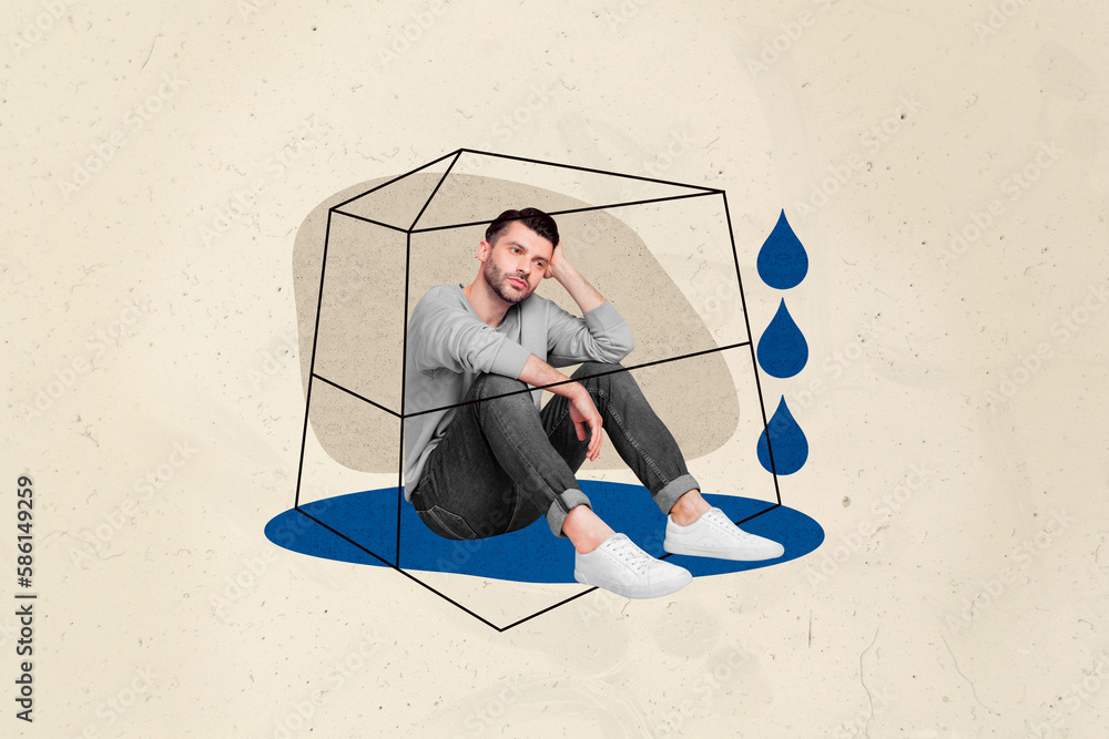 Photo collage picture poster of sad upset man sitting cage think ...