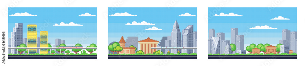 Pixel art landscape. Urban street view, 8 bit city park road, with ...
