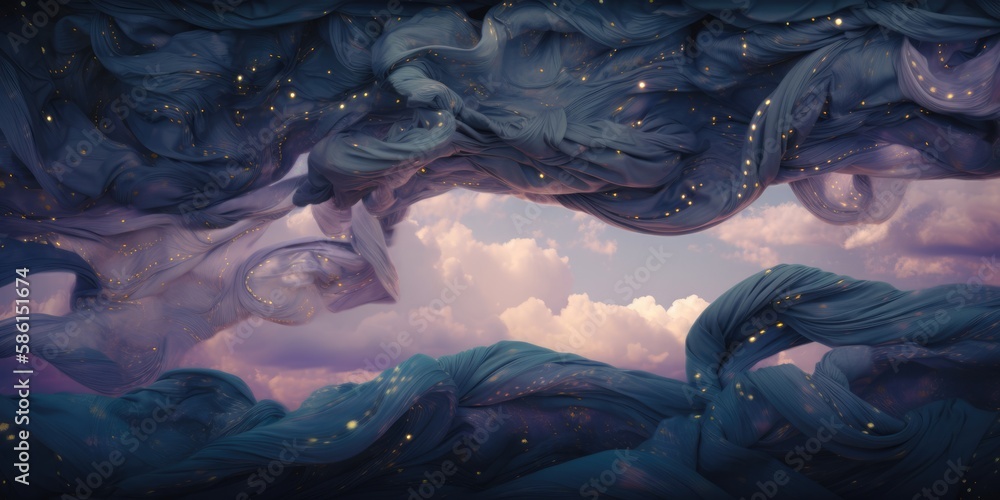 Cosmic windblown floating fabric folds as dreamlike ocean waves, deep ...