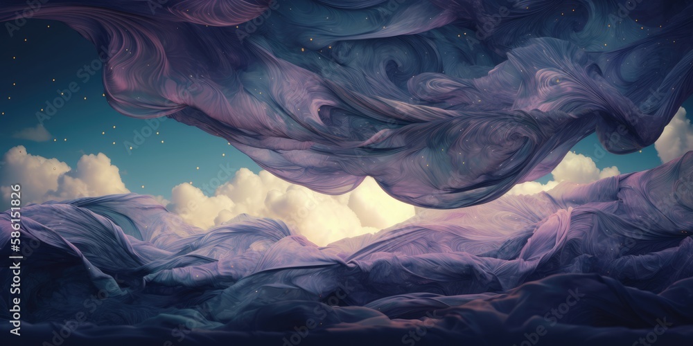 Cosmic windblown floating fabric folds as dreamlike ocean waves, deep ...