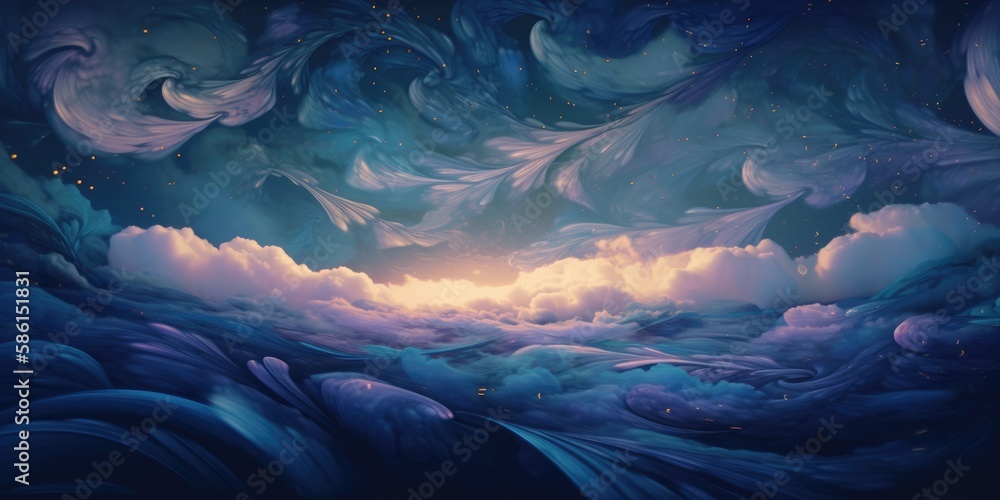 Cosmic windblown floating fabric folds as dreamlike ocean waves, deep ...