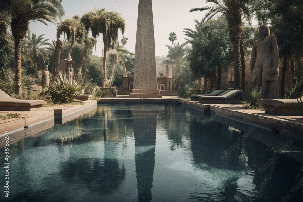 Egyptian Pool with Obelisk - Ornate Egyptian architecture with ...