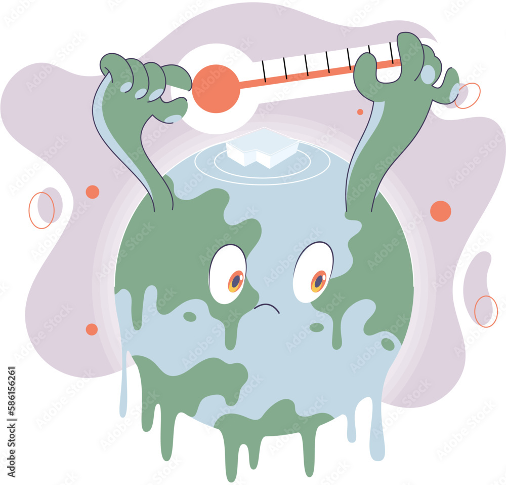 Poorly globe with thermometer, planet is melting dripping drops ...