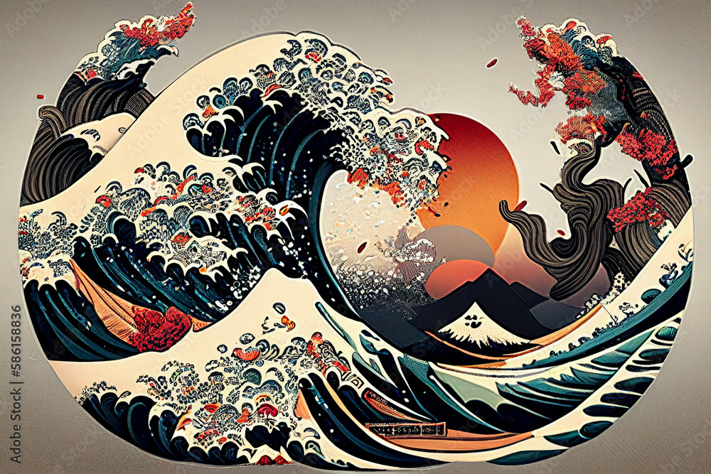 Japan style sea wave at the sunset background. Generative AI. Stock ...