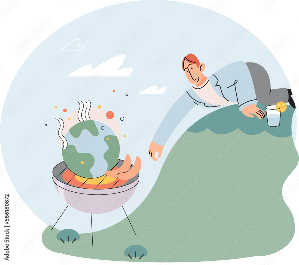 Planet Earths surface placed on fiery grill. Grilled world, burning ...