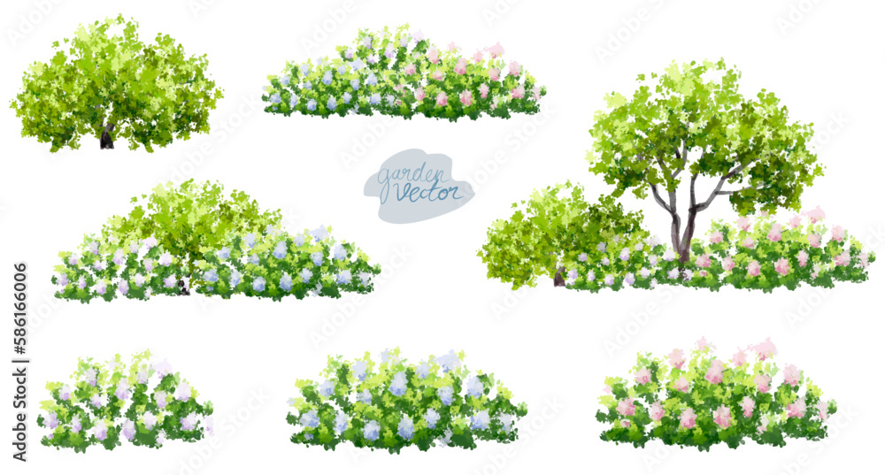 Vector watercolor blooming flower tree side view isolated on white ...