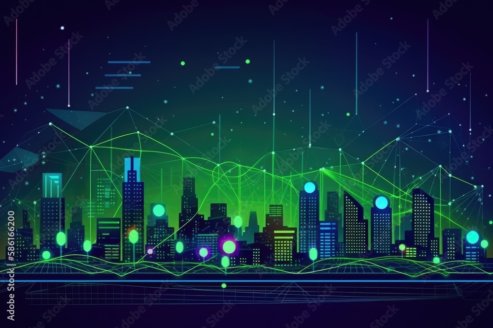 Flat illustration of smart city and abstract dot point connect with ...