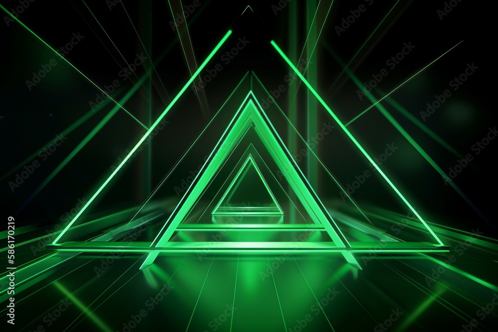 abstract green neon background features a triangular shape, laser rays ...