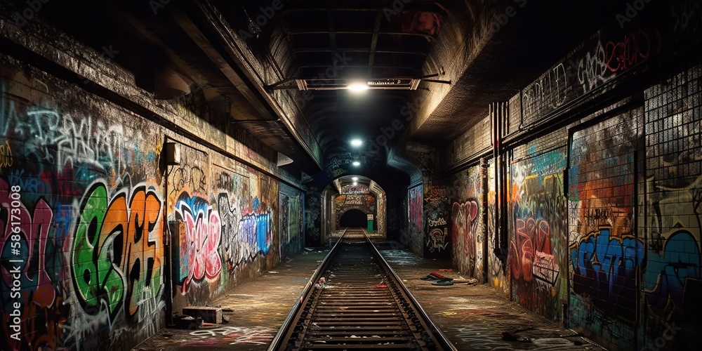 Long empty tunnel with graffiti on the wall. Bright graffiti in an ...