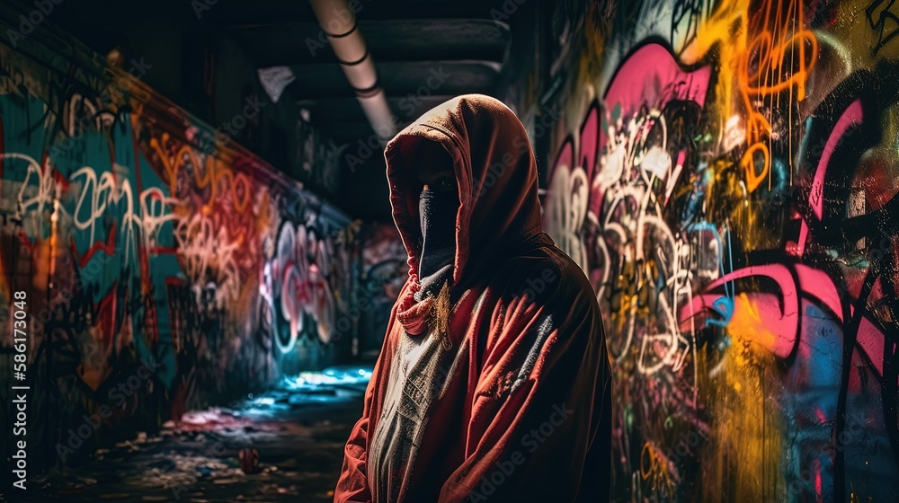 Stockillustratie A mysterious man in a long empty tunnel with graffiti ...