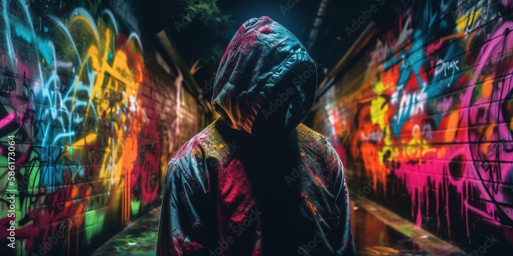 A mysterious man in a long empty tunnel with graffiti on the wall ...
