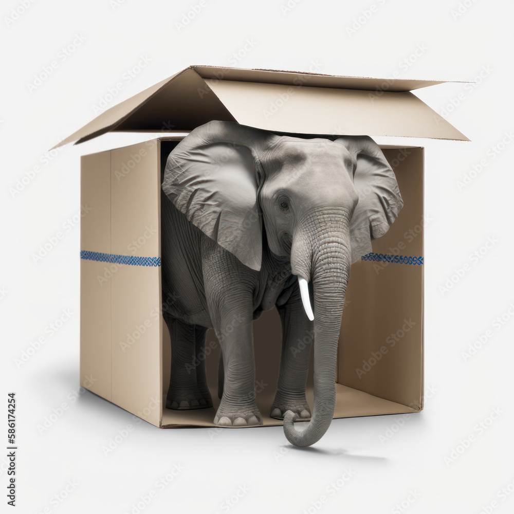 Generative AI illustration of elephant standing in carton box Stock ...
