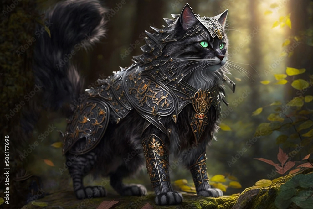 Fantasy concept art | majestic warrior cat emerges from the shadows. he ...