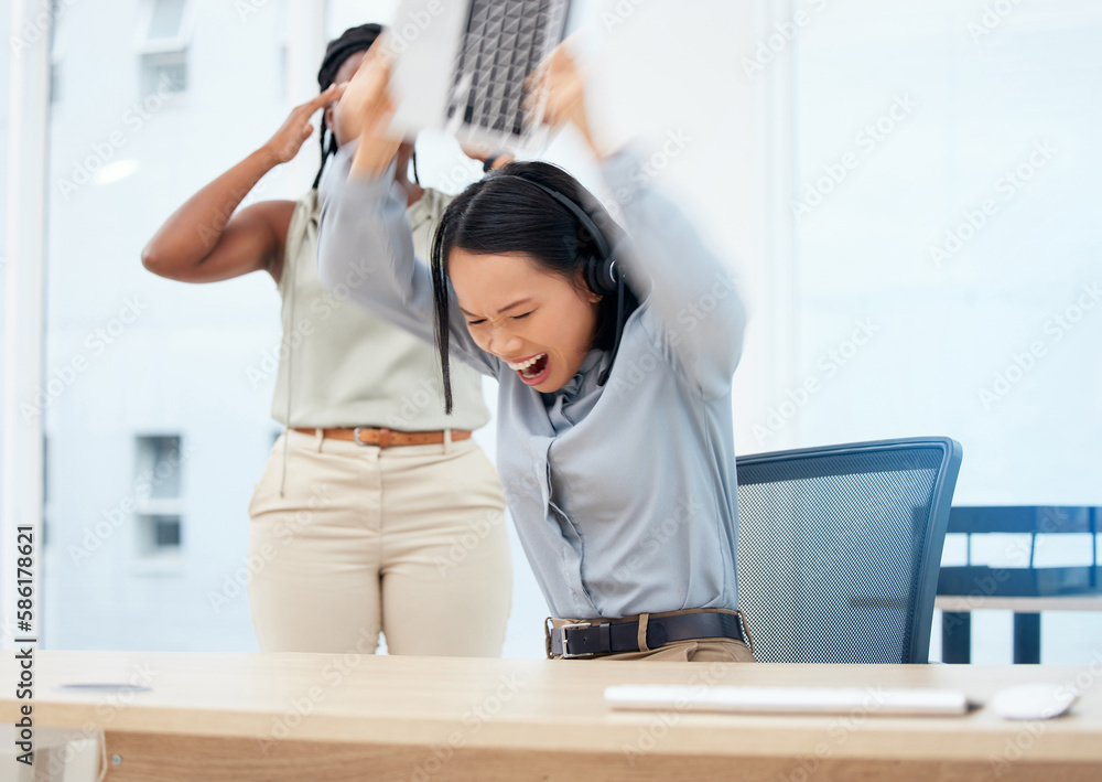 Fotka „Angry, keyboard break and telemarketing woman with anger issues and mental health ...