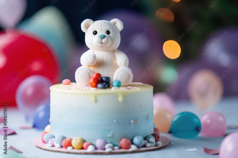 Party fondant cake for kids with a fondant bear cake topper, pink ...
