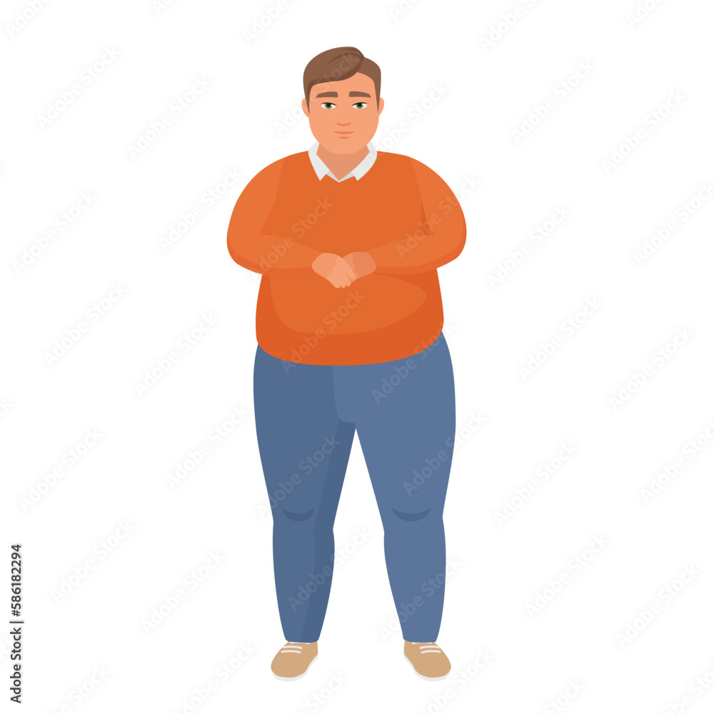 Serious fat man. Chubby boy in standing position, obese people vector ...