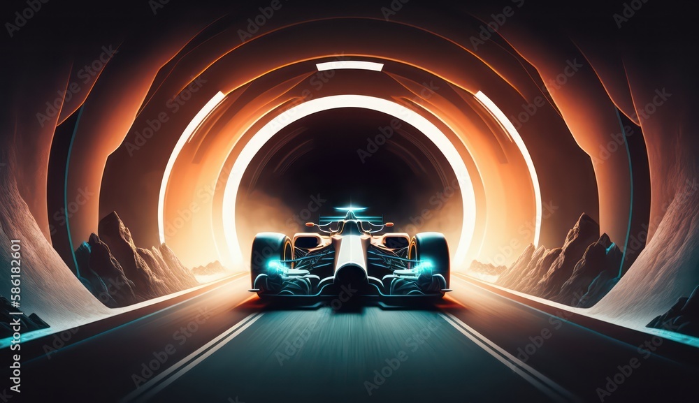 Racing car at high speed riding in illuminated road tunnel. Generative ...
