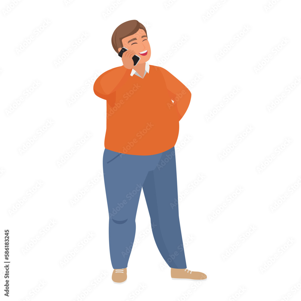 Fat man talking on phone. Obese man laughing, plus size boy vector ...