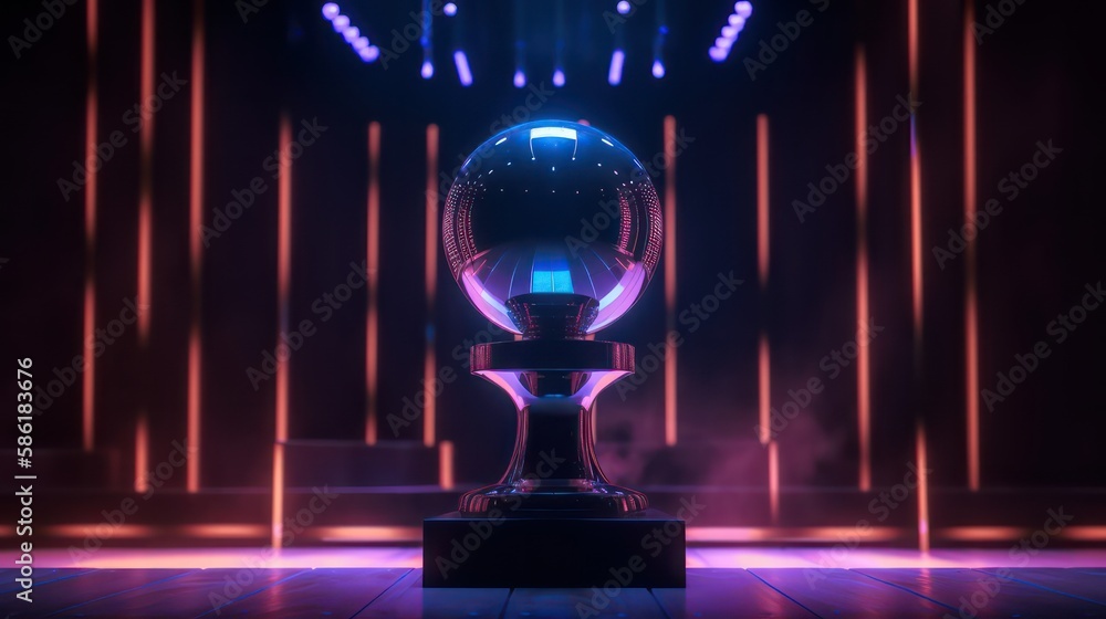 trophy football ball on a show stage with neon vertical lights ...