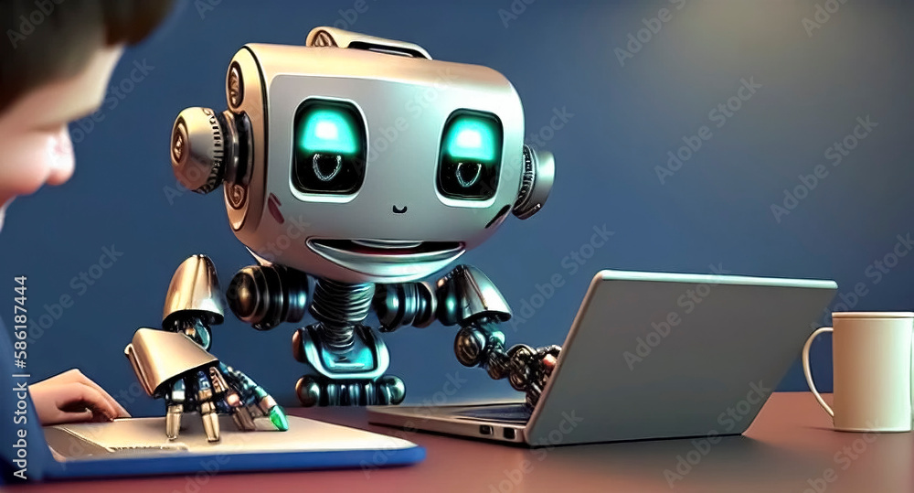Robot works behind laptops.Robot work with people.Mixed team of people ...