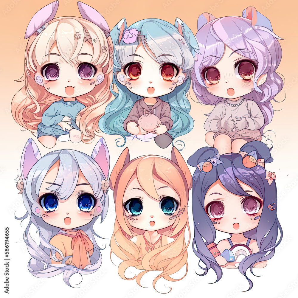 Multiple chibi anime character, kawaii anime girl. Generative ai Stock ...