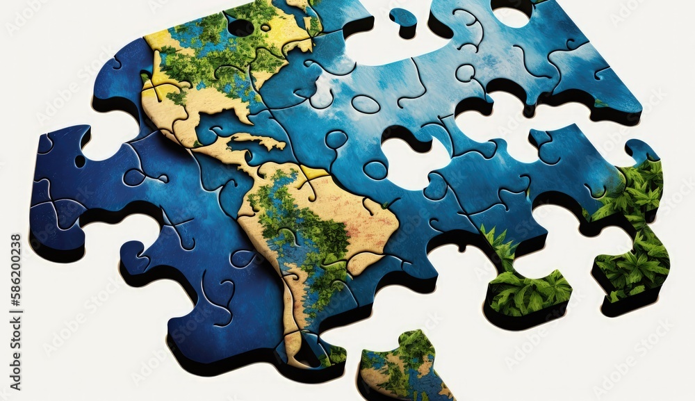 This artwork features puzzle pieces that come together to form a larger ...