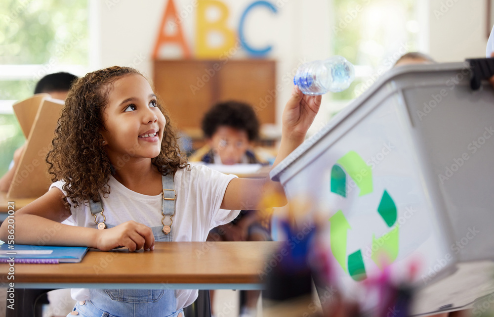 Learning, recycle bin and girl in classroom throwing trash for cleaning ...