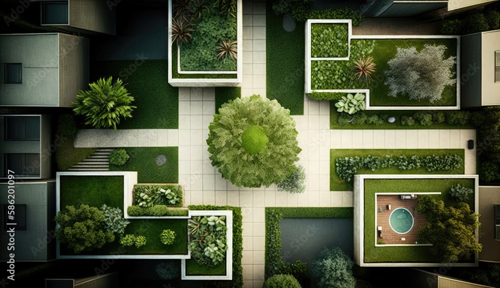 This aerial view of a green rooftop garden showcases the beauty and ...