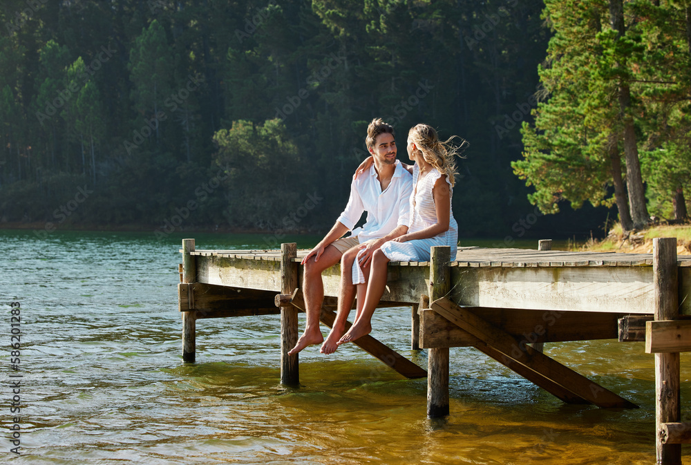 Lake, love and couple on vacation, summer and break for quality time ...