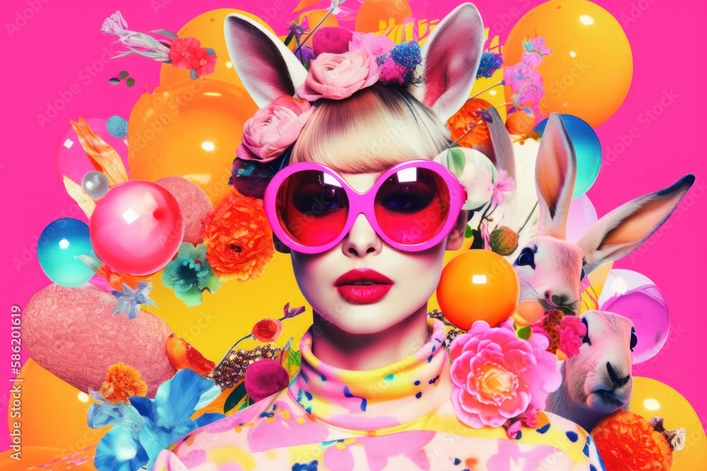 Pop art style creative collage of vivid bright colors, pink tones ...