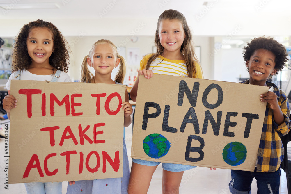 Children, portrait and poster with friends in protest in a classroom ...