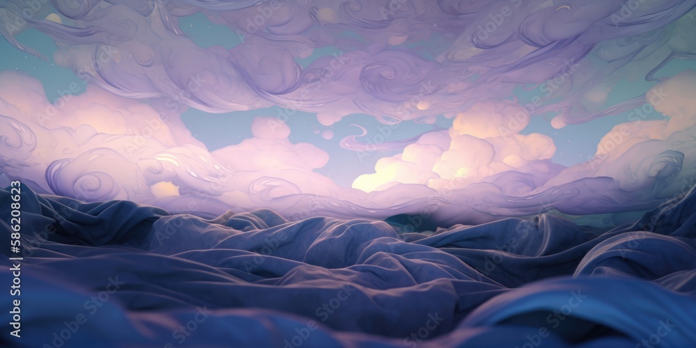 Cosmic windblown floating fabric folds as dreamlike ocean waves, deep ...
