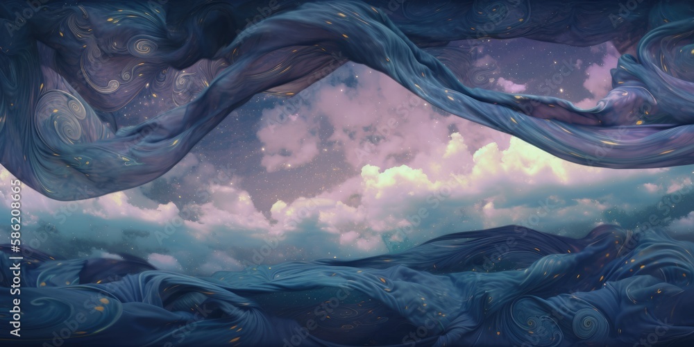 Cosmic windblown floating fabric folds as dreamlike ocean waves, deep ...