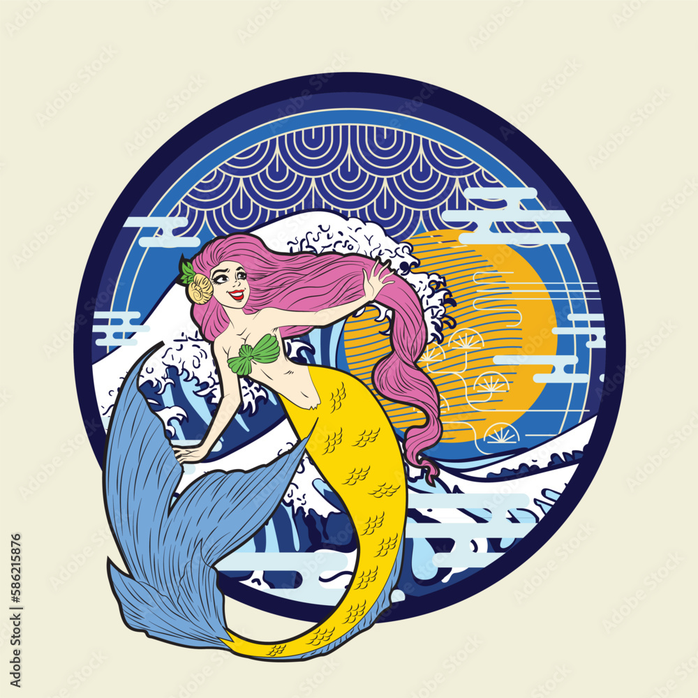 mermaid illustration with japanese style background Stock Vector ...