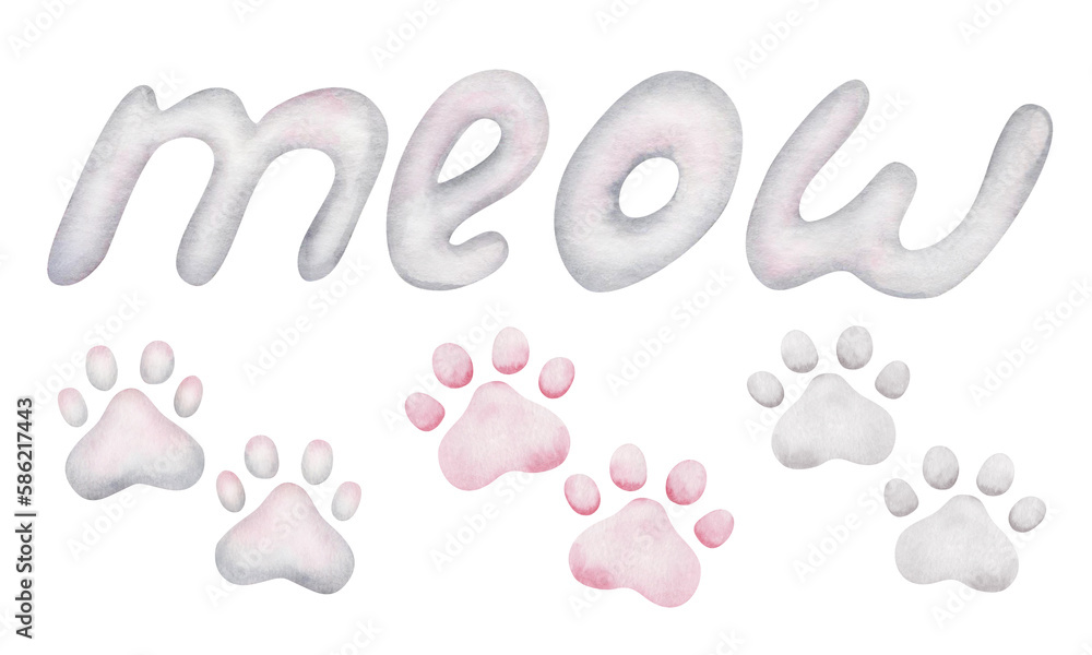 Watercolor illustration. Hand painted pink and grey paw prints of ...