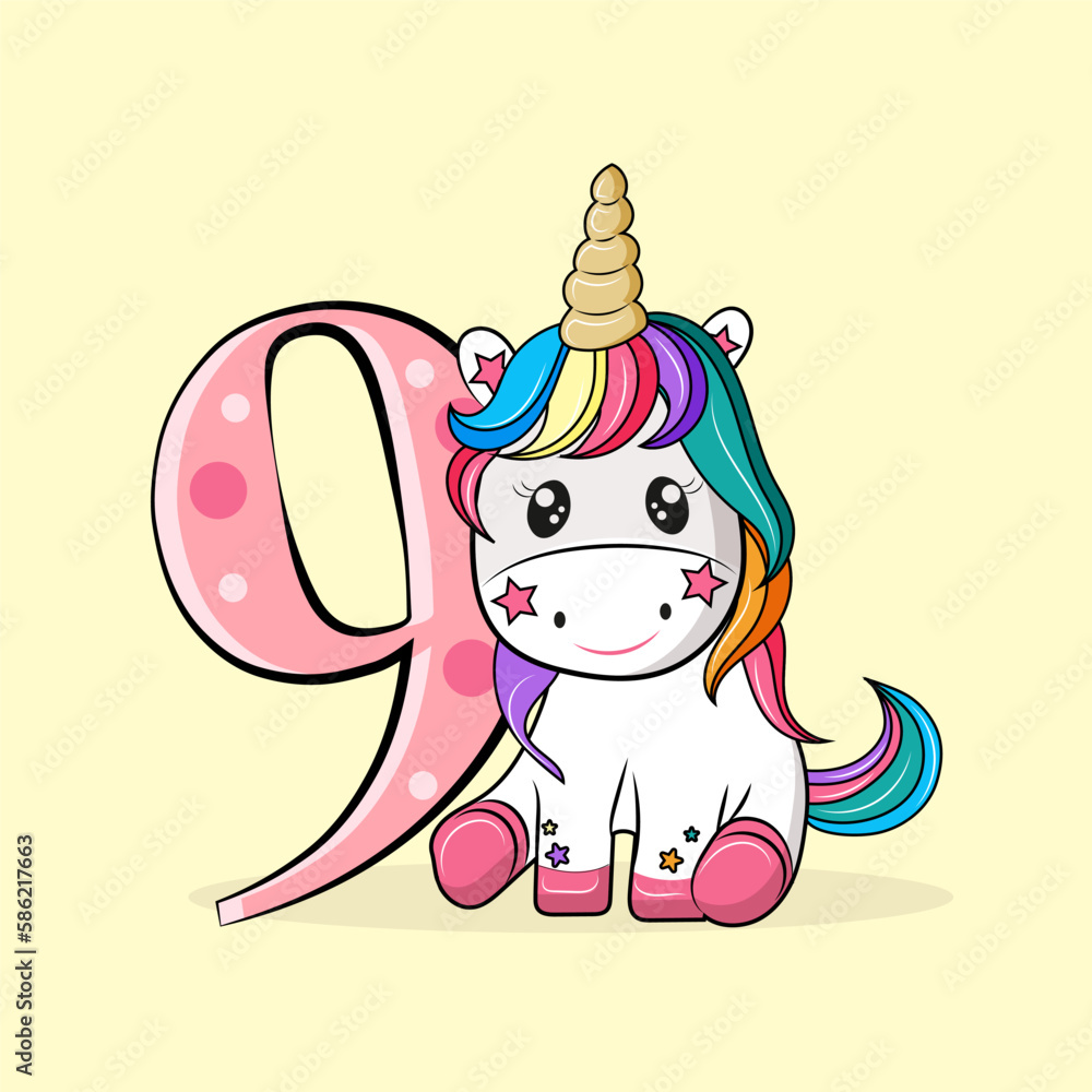 numbers for children, number 9, baby card with cute unicorn, invitation ...