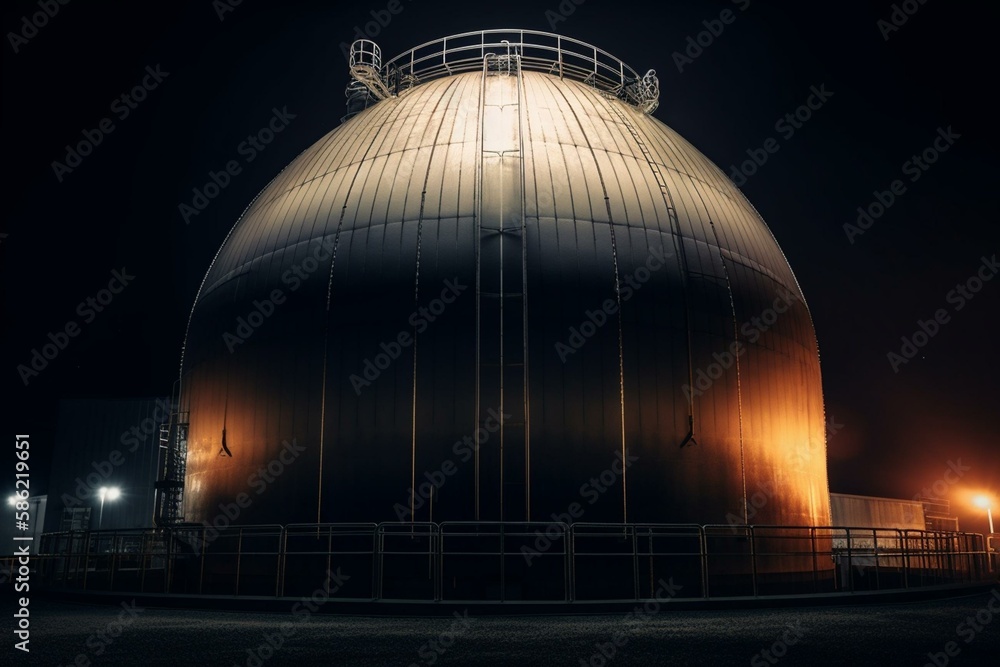 Liquefied natural gas (LNG) storage tank at night. Industrial spherical ...