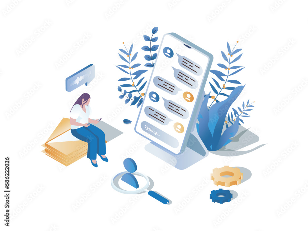 Communication via mobile phone concept 3d isometric web scene. People ...