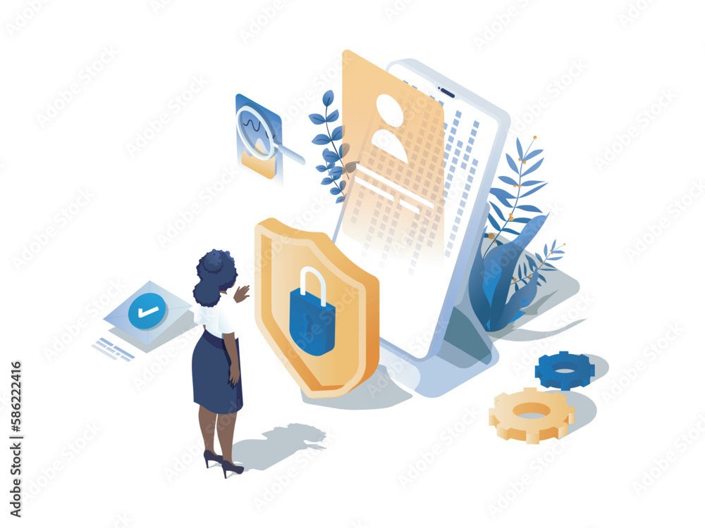 Fraud protection concept 3d isometric web scene. People protecting from ...