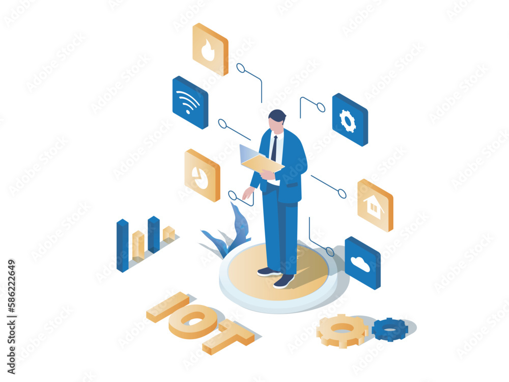 Iot Analytics Concept 3d Isometric Web Scene People Working With Data Collected From Different