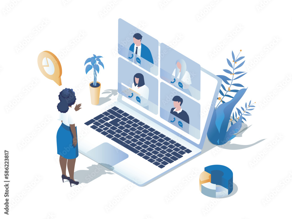 Video conference concept 3d isometric web scene. People communicates ...