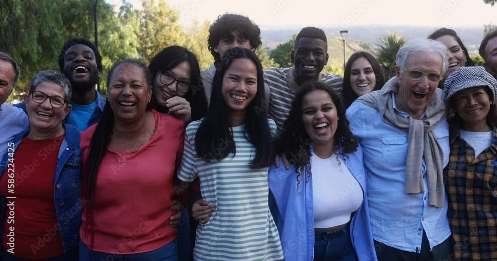 Group of multigenerational people smiling in front of camera - Multiracial friends with ...