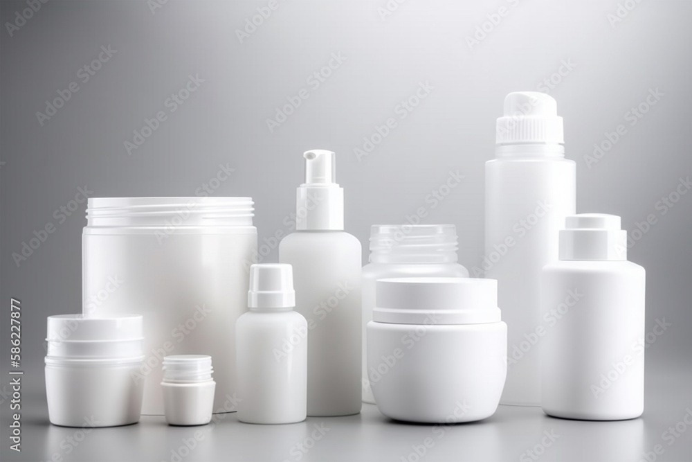 Different types of white cosmetic containers on light background ...