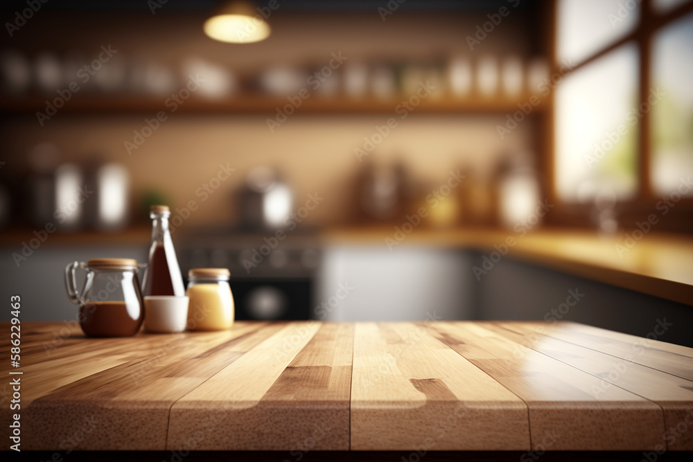ภาพประกอบสต็อก Empty wooden tabletop with blurred kitchen background ...