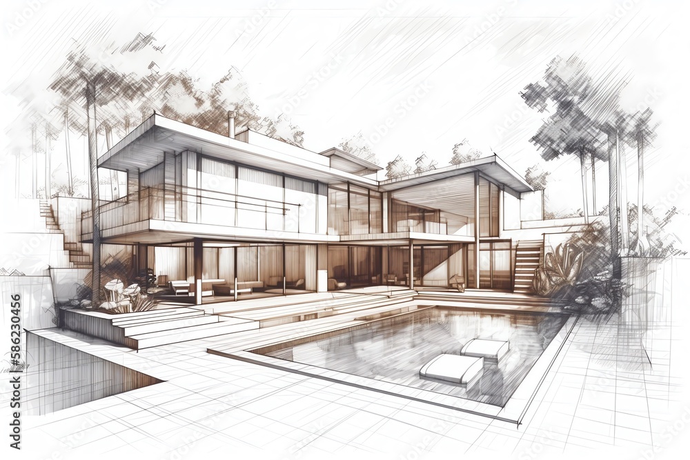 Sketch of modern cozy villa house on the white background. Design ...