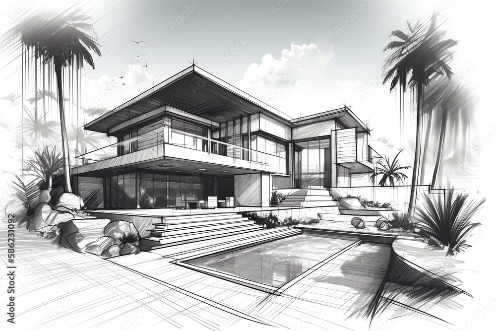 Sketch of modern cozy villa house on the white background. Design ...