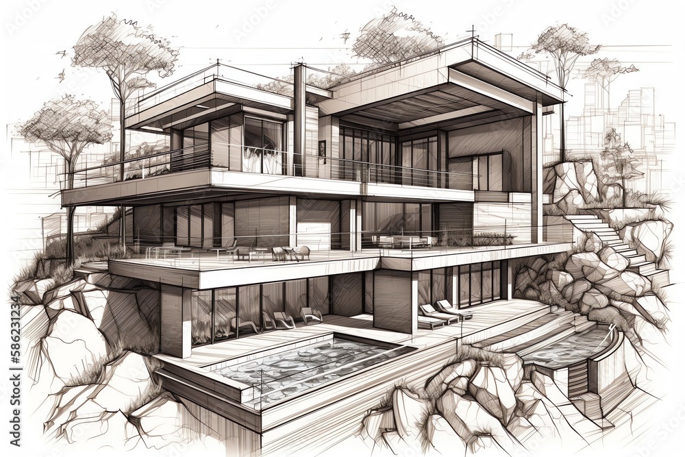 Sketch of modern cozy villa house on the white background. Design ...